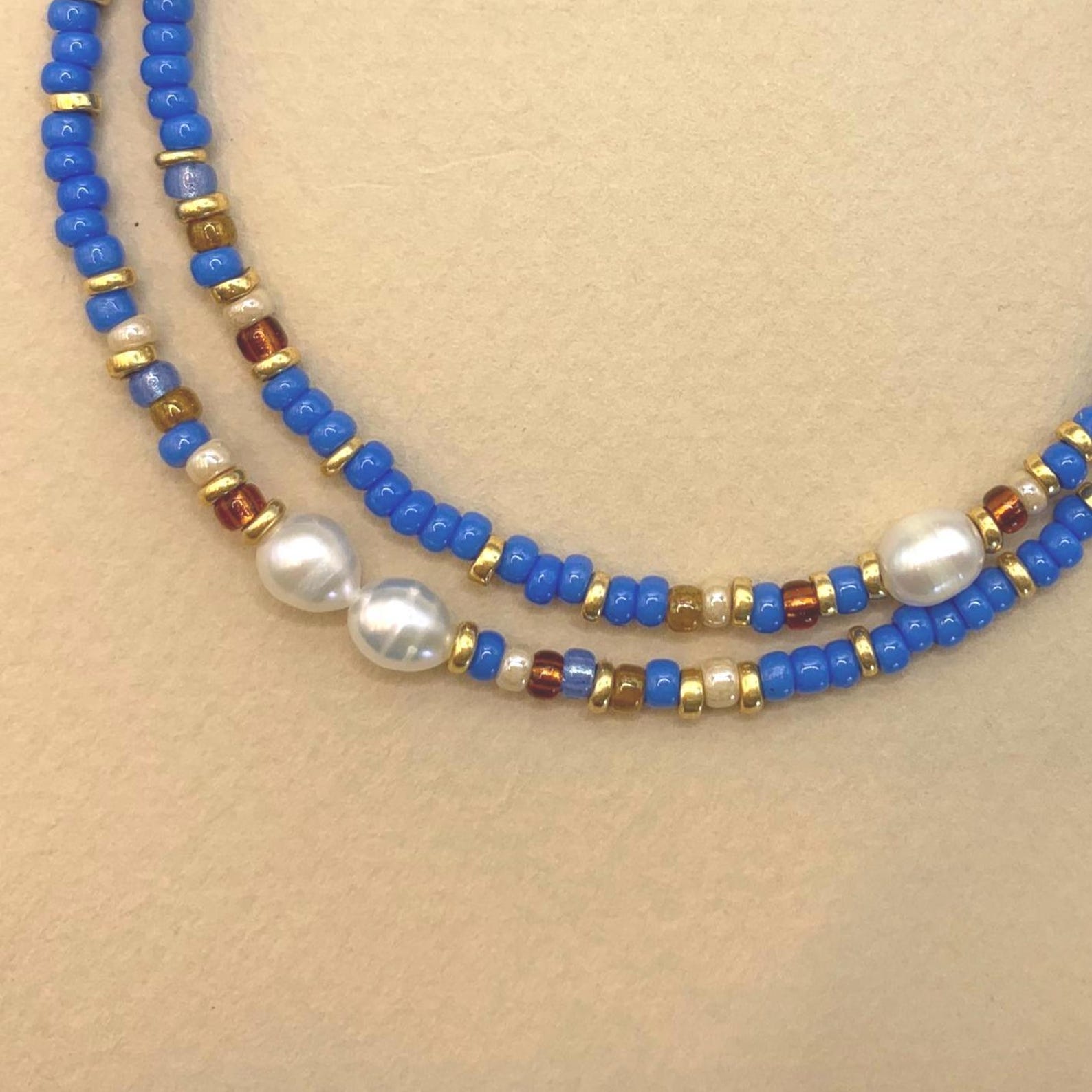 Gold, Blue Seed Bead Necklace and Pearls, Small Blue Bead and Pearl ...