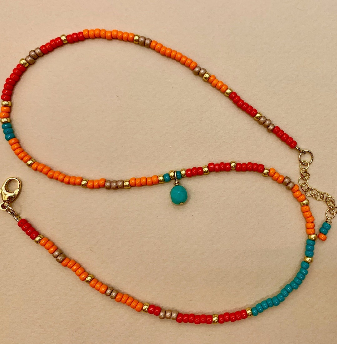 14K GF Seed Bead Orange Coral and Turquoise Necklace, Seed Bead ...
