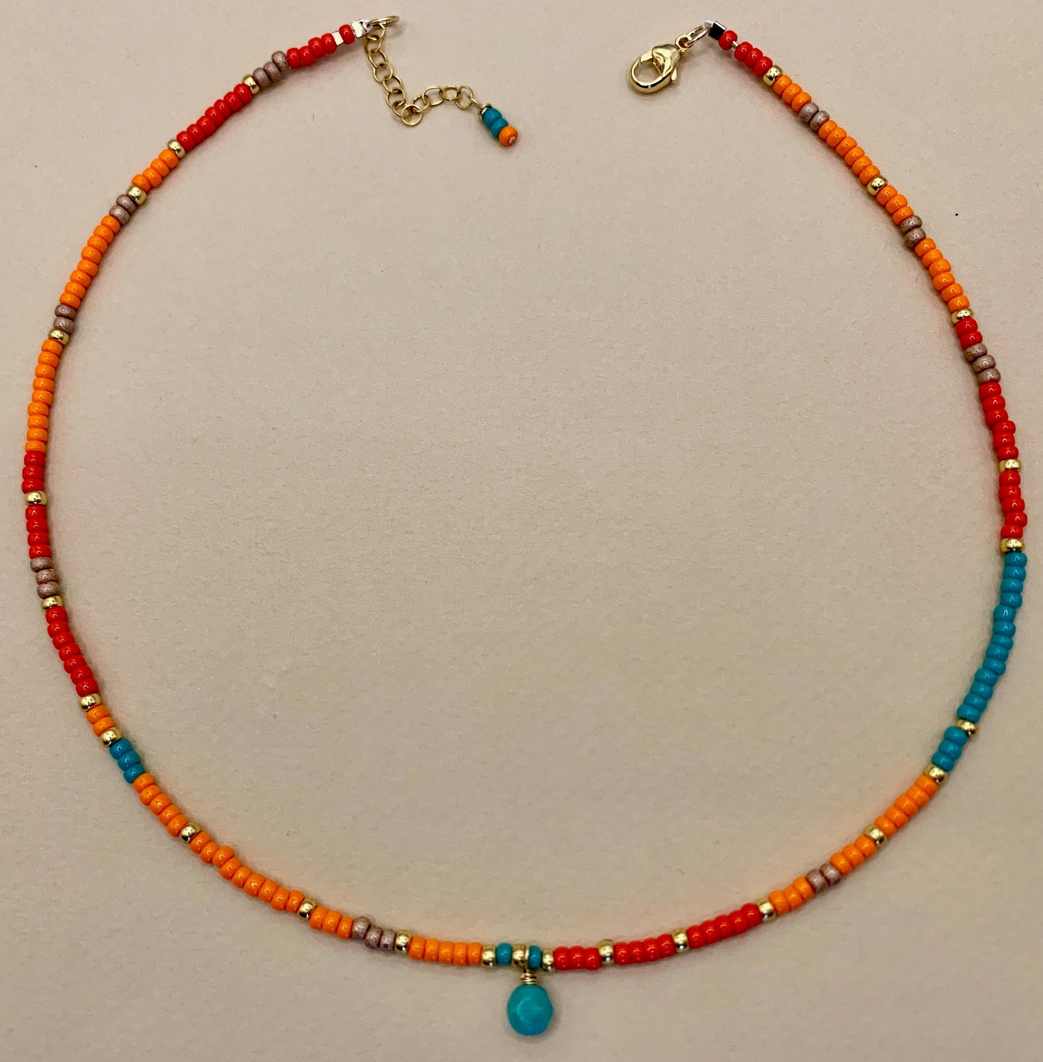 14K GF Seed Bead Orange Coral and Turquoise Necklace, Seed Bead ...