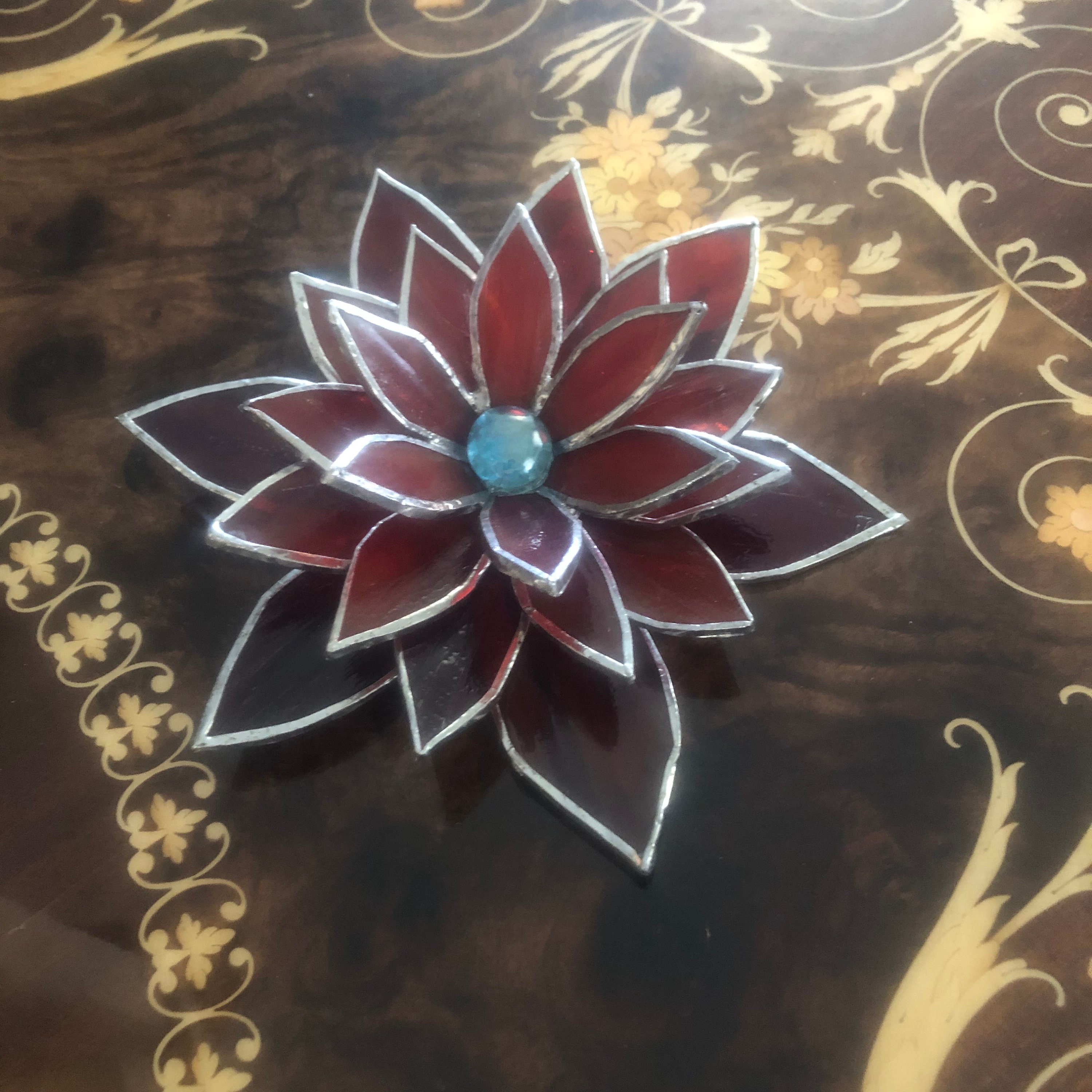 Stain Glass Red Lotus Flower Art Sculpture - Hand Crafted Stained Glass ...