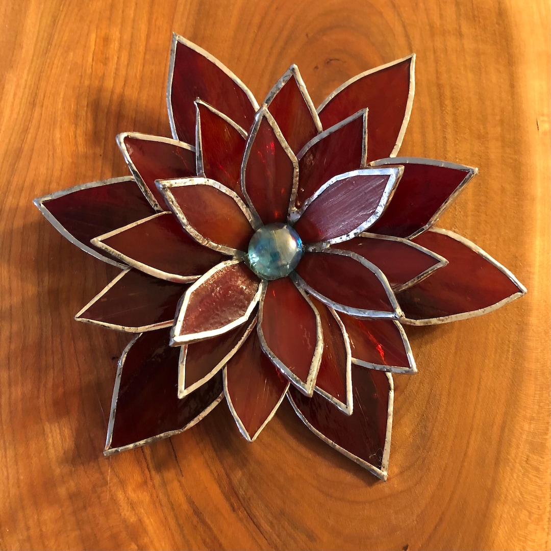 Stain Glass Red Lotus Flower Art Sculpture - Hand Crafted Stained Glass ...