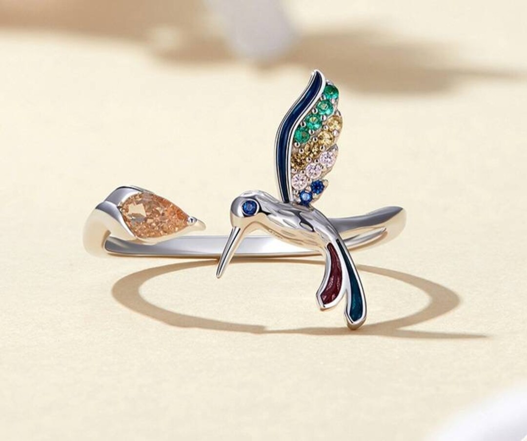 Sparkly Hummingbird Ring, Adjustable Bird Ring, Colourful Jewellery ...