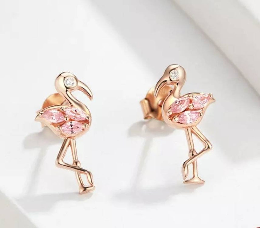 Flamingo Earrings, Rose Gold Ear Studs, Summer Jewellery, Tropical ...