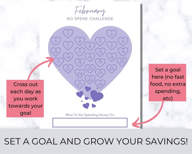 February No Spend Challenge | Valentine Themed Heart Savings Tracker ...