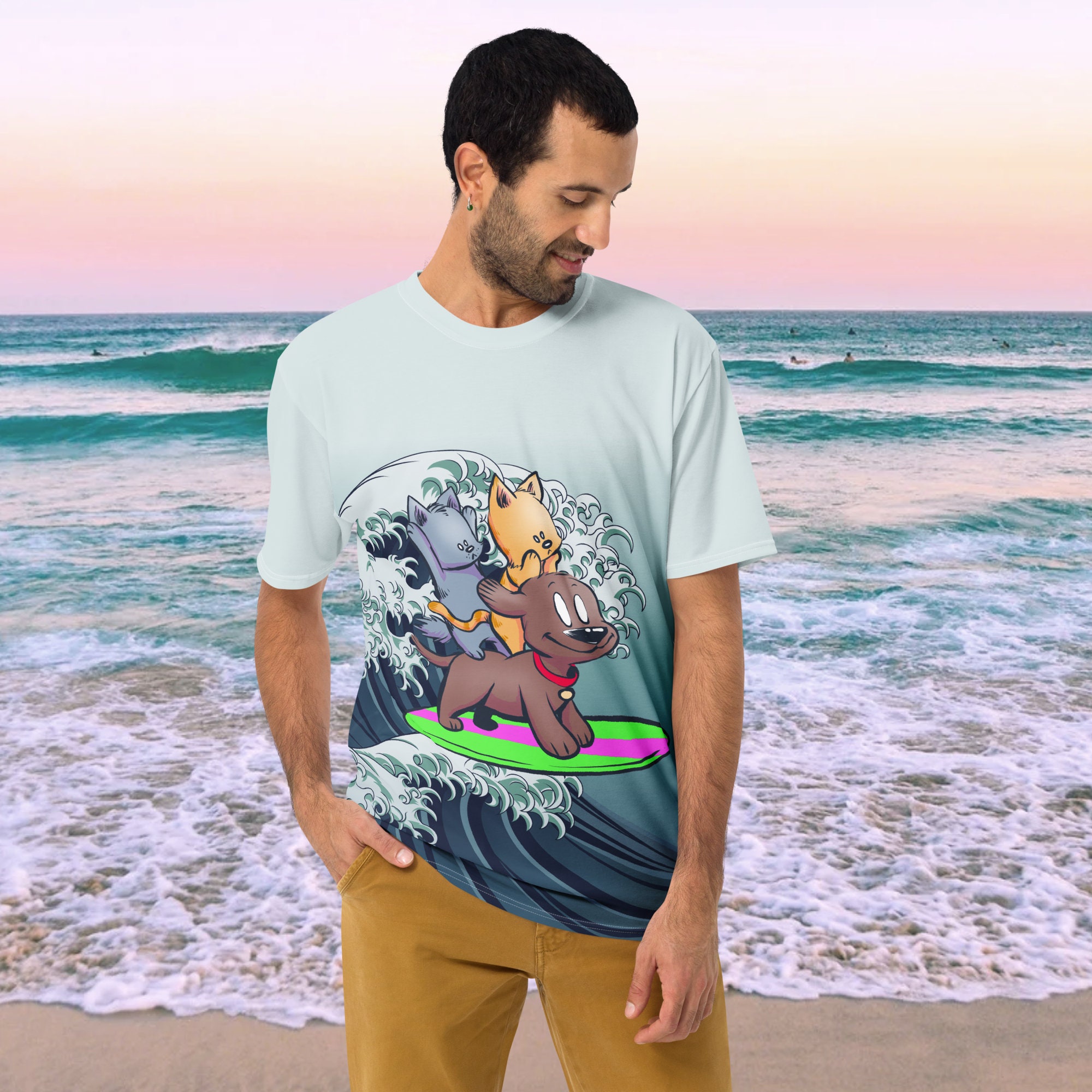 The Great Wave Woof & Meow: Surfing Dog and Cats Men's T-shirt - Etsy