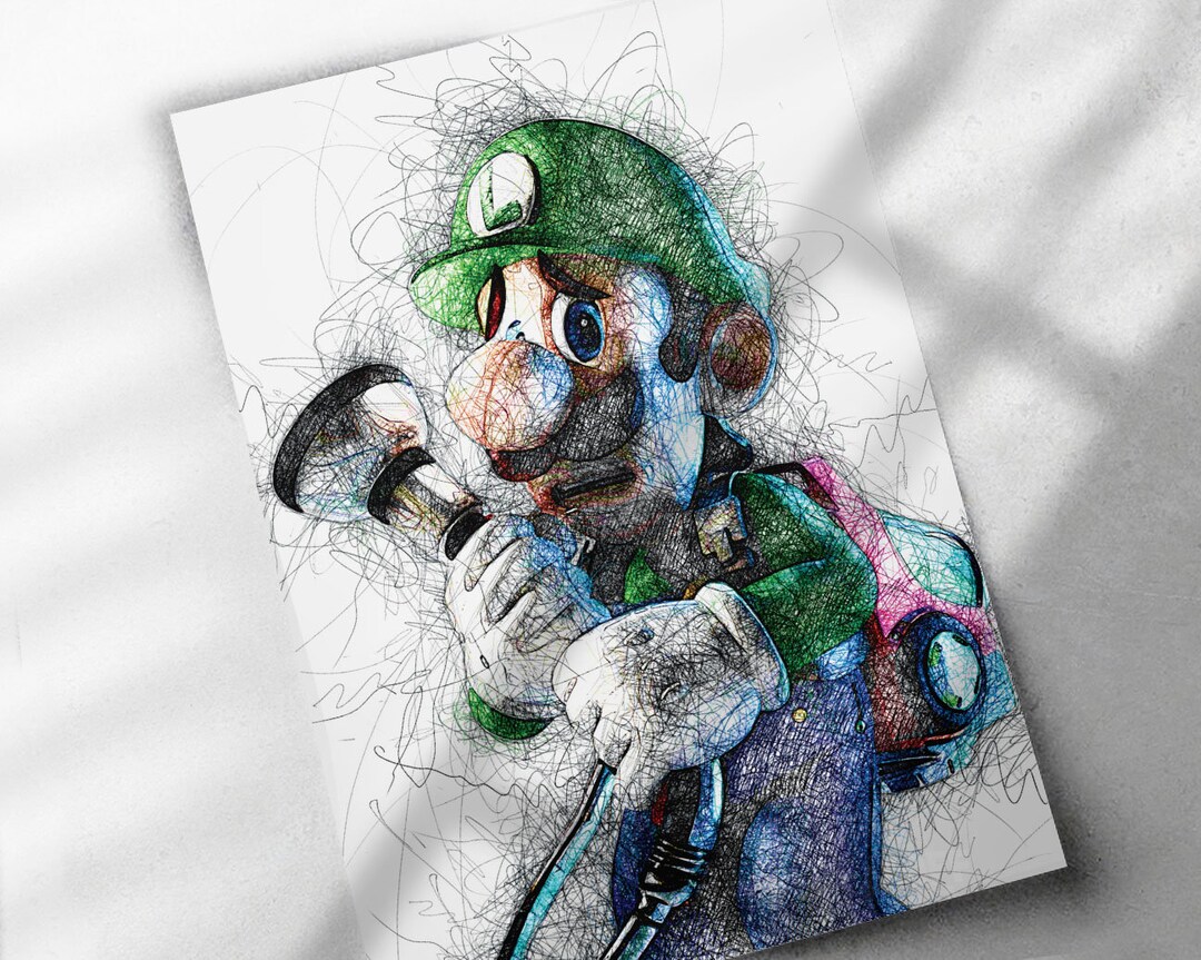 Luigi Poster Pen Scribble Art Poster or Canvas Wrap, Man Cave Gift ...