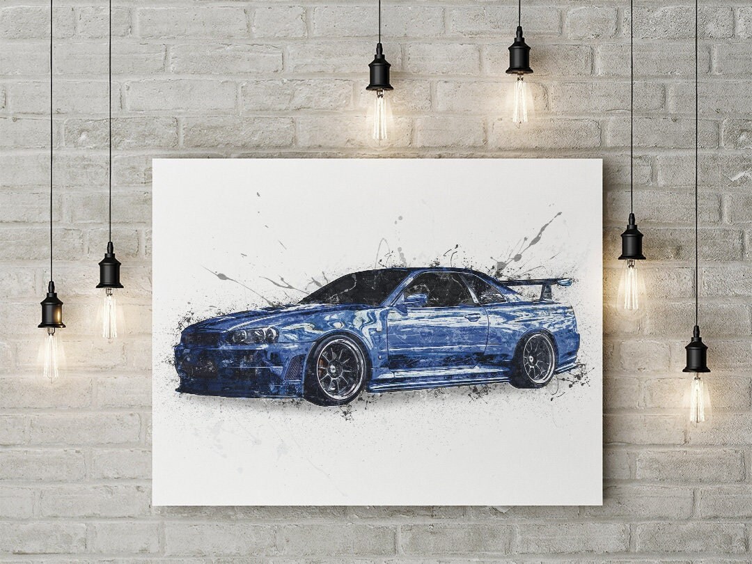 Nissan GTR R34 Poster Canvas Print, Sports Car Art Print, Man Cave Gift ...
