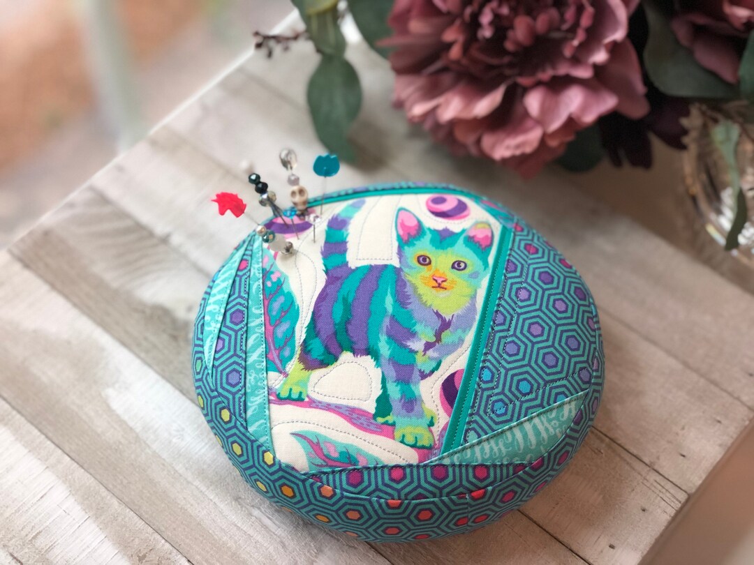 Custom Order ~ Tula Pink Disco Kitty Round Pincushion & Decorative Pins - Etsy