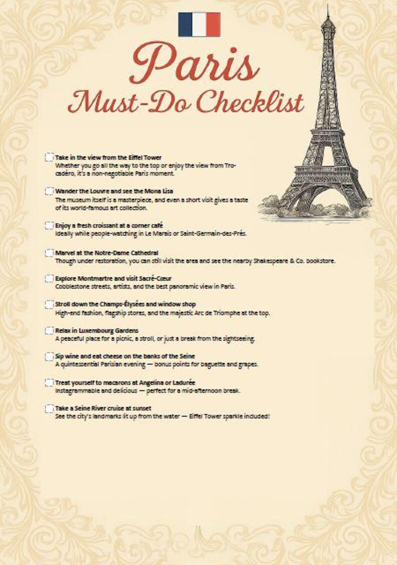 Paris Must-do Checklist – Printable Travel Bucket List – Instant ...