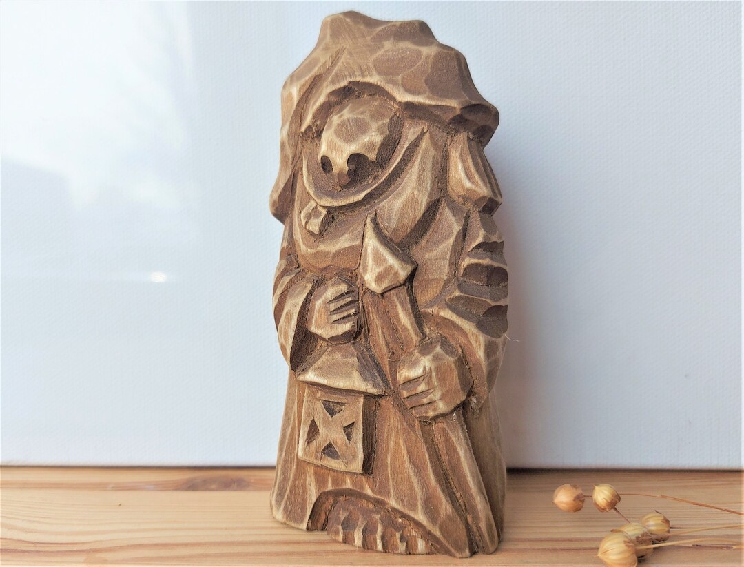 Wooden Hand Carved Dwarf With Lantern Statuette, Forest Sprite, Gnome ...