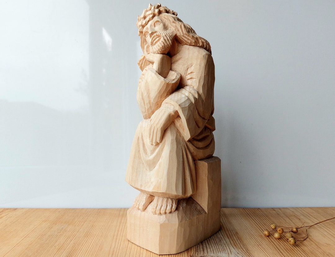 Pensive Christ Wooden Hand Carved Statue Worrying Christ Rupintojelis ...