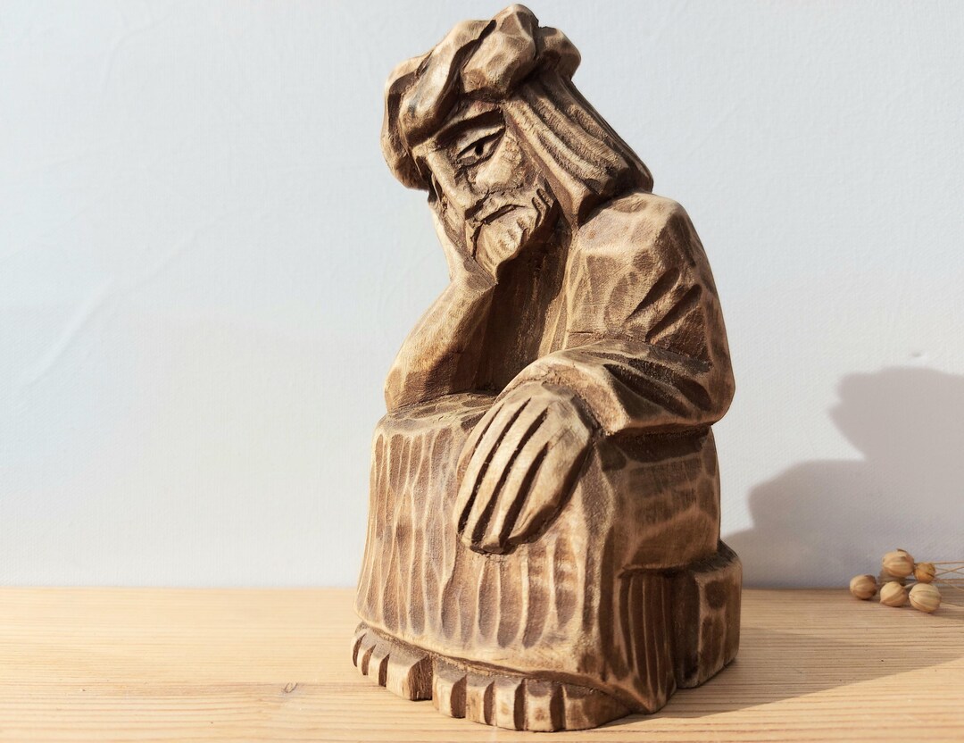 Pensive Christ, Wooden Hand Carved Statuette, Worrying Christ ...