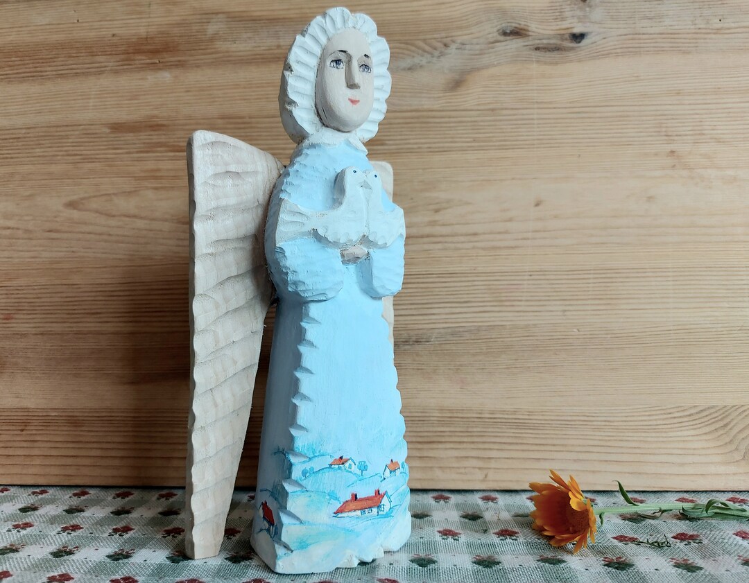 Wooden Hand Carved Angel in Winter Landscape With Doves, Angel of Peace ...