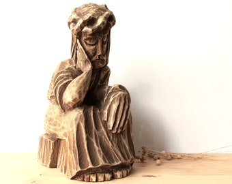 Pensive Christ Wooden Hand Carved Statuette Jesus Rupintojelis Original ...