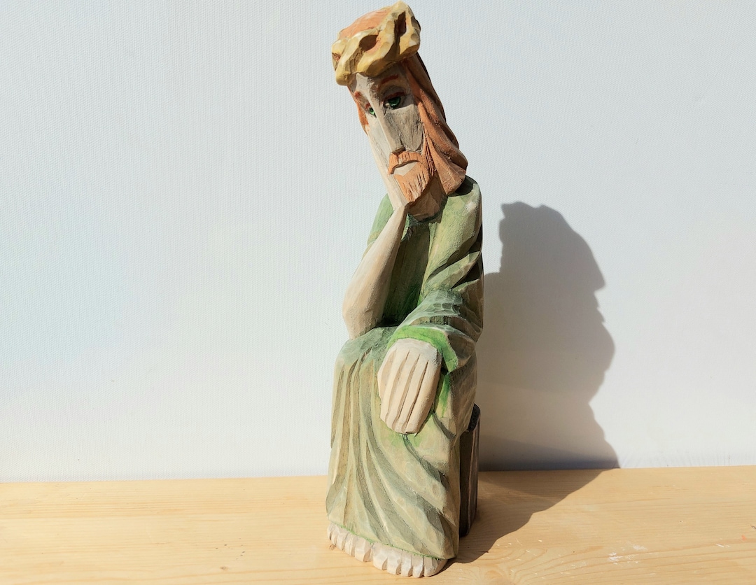 Pensive Christ Statue, Original Hand Carved Wooden Sculpture ...