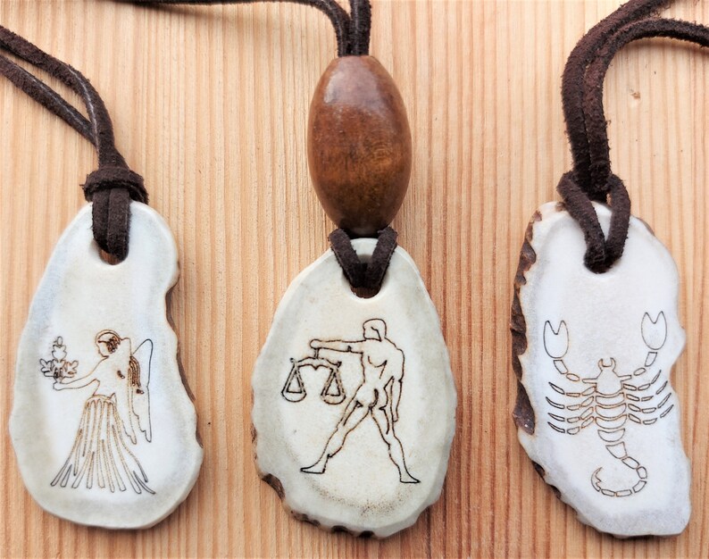 Elk Antler Zodiac Pendant: Necklace on Leather Cord, Christmas Gift - Etsy