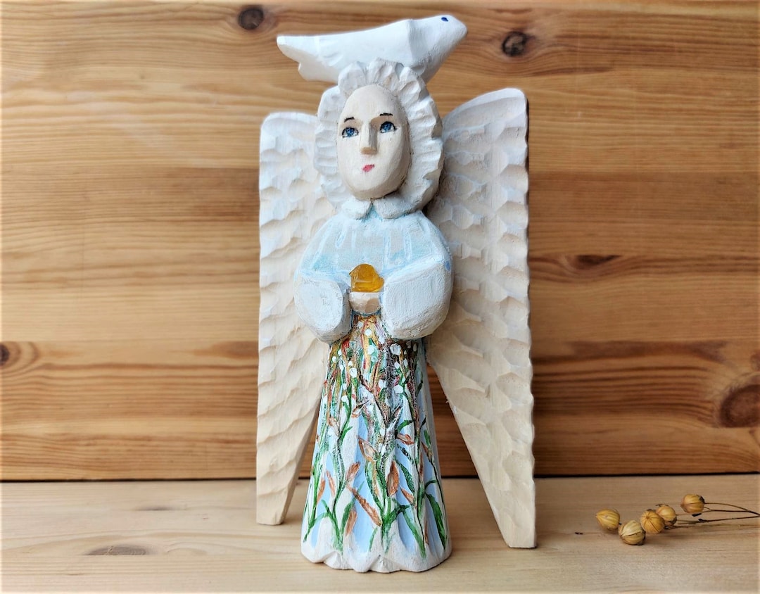 Wooden Hand Carved Angel in Flowers, Original Sculpture, Wood Carving ...
