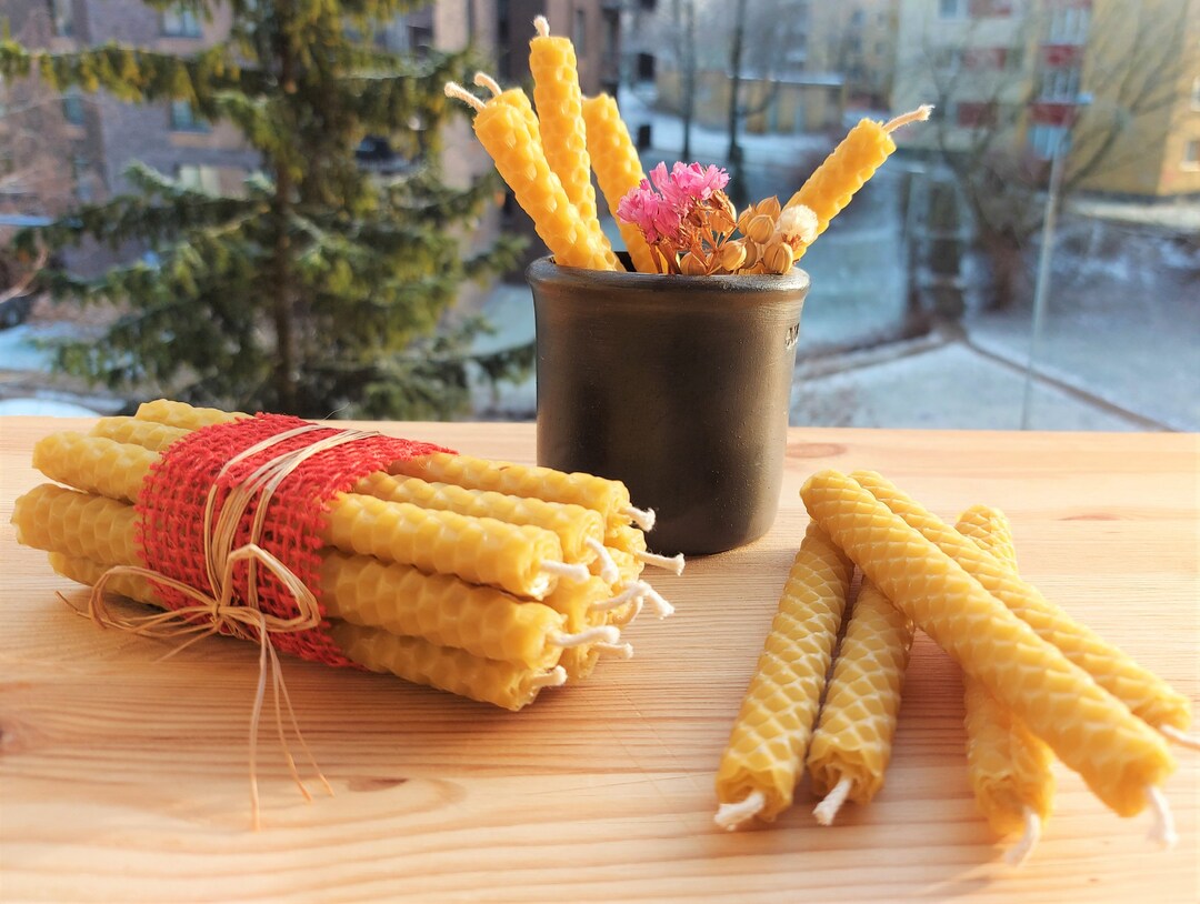 Set of 10 Natural Hand Rolled Beeswax Candles, Bunch of Beeswax Rolled ...