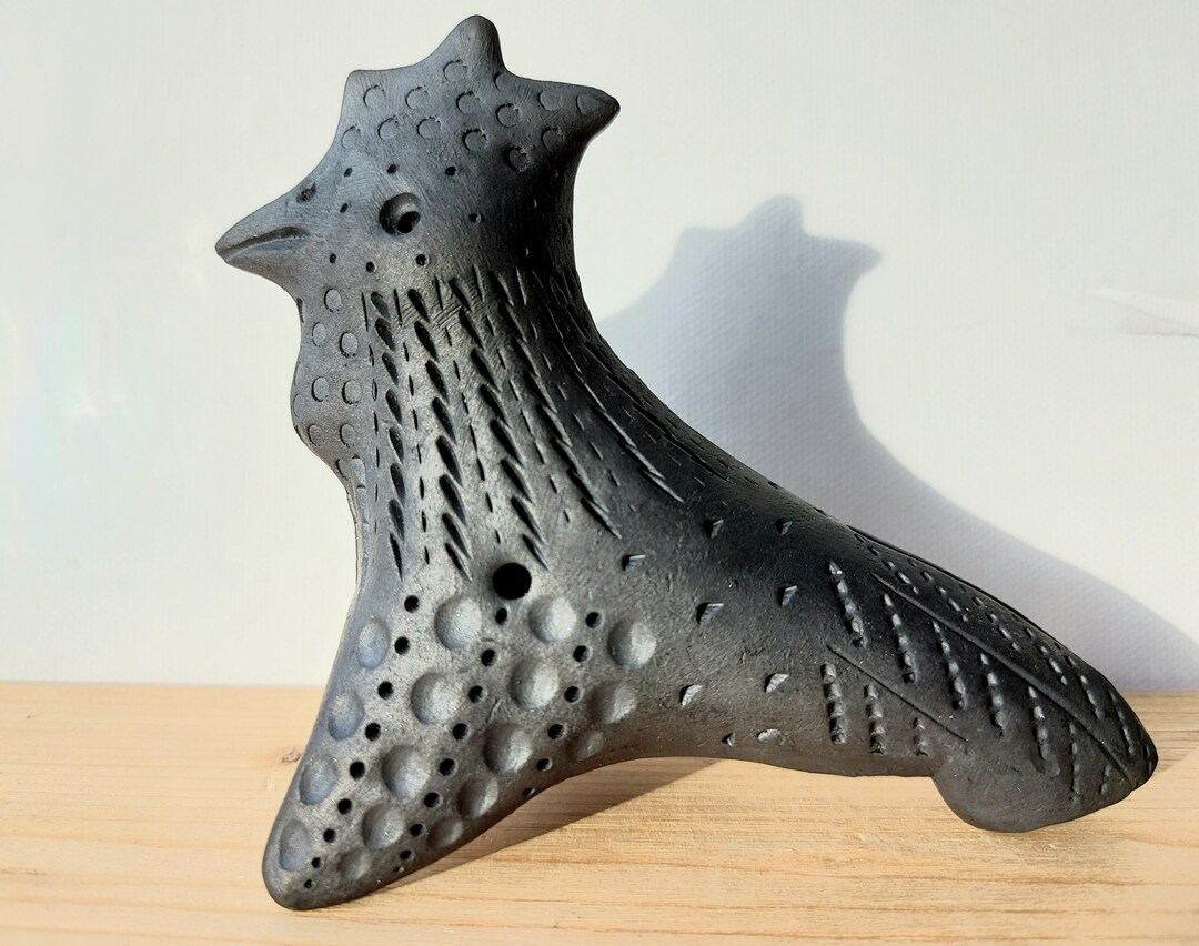 Ceramic Whistle, Hand Made Original Bird Rooster Statuette, Black Wood ...
