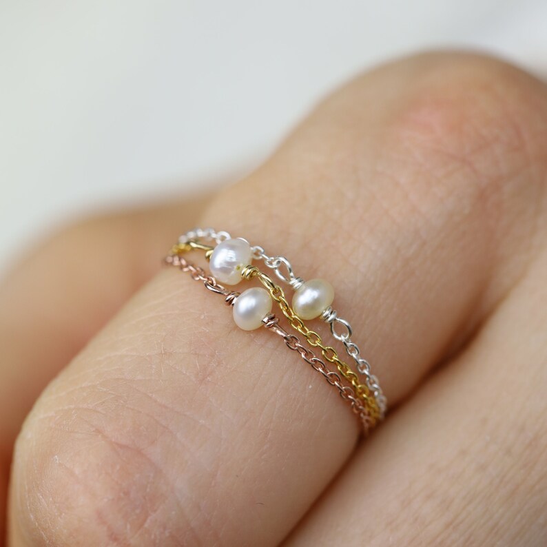 Tiny Pearl Chain Ring Simple Delicate Ring Dainty 18k gold | Etsy