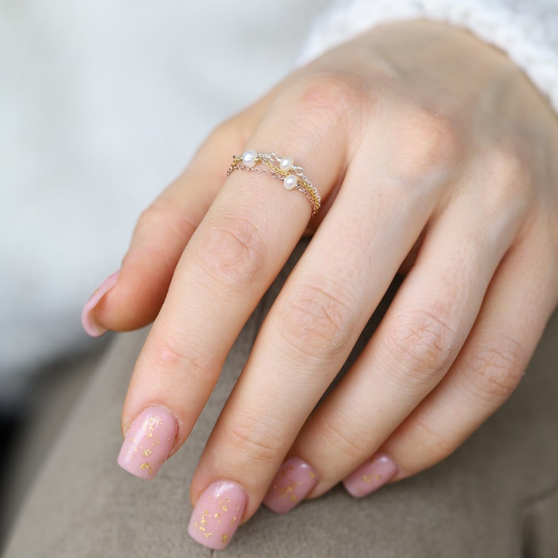Tiny Pearl Chain Ring Simple Delicate Ring Dainty 18k gold | Etsy