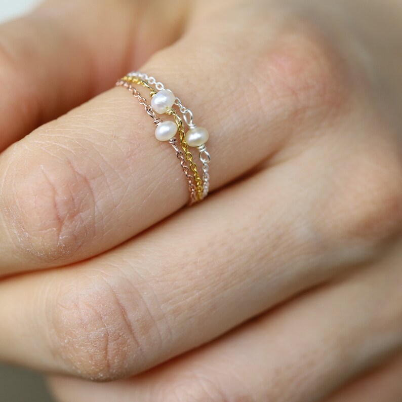 Tiny Pearl Chain Ring Simple Delicate Ring Dainty 18k gold | Etsy
