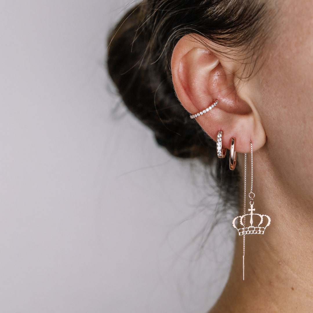 Dainty Crown Threader Earrings Silver Gold Rose Gold - Etsy