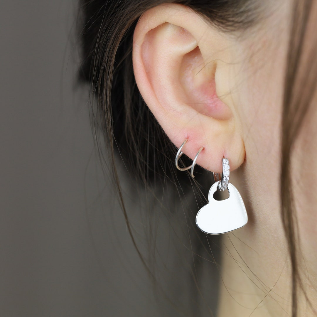 Heart Shaped Pendant Huggie Hoop Earrings Huggie Hoops Heart - Etsy