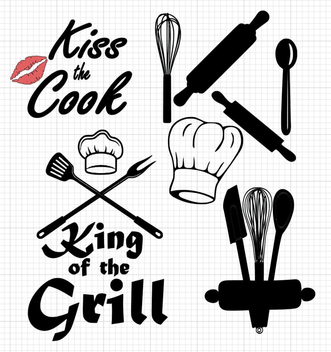Kitchen Pack SVG Files; Kiss the Cook, King of the Grill, Kitchen ...