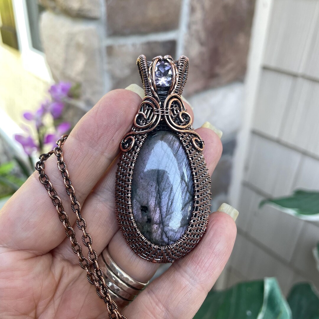Purple Labradorite With Pink Amethyst Copper Woven Pendant, Lavender ...
