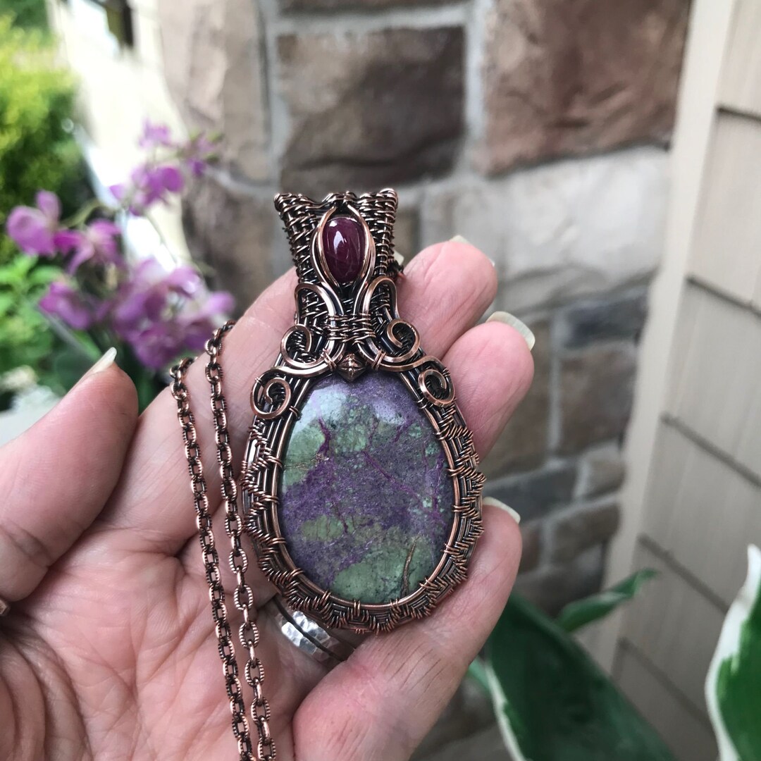 Stitchtite & Ruby Copper Wire Wrapped Pendant, Purple Green Stone Woven ...