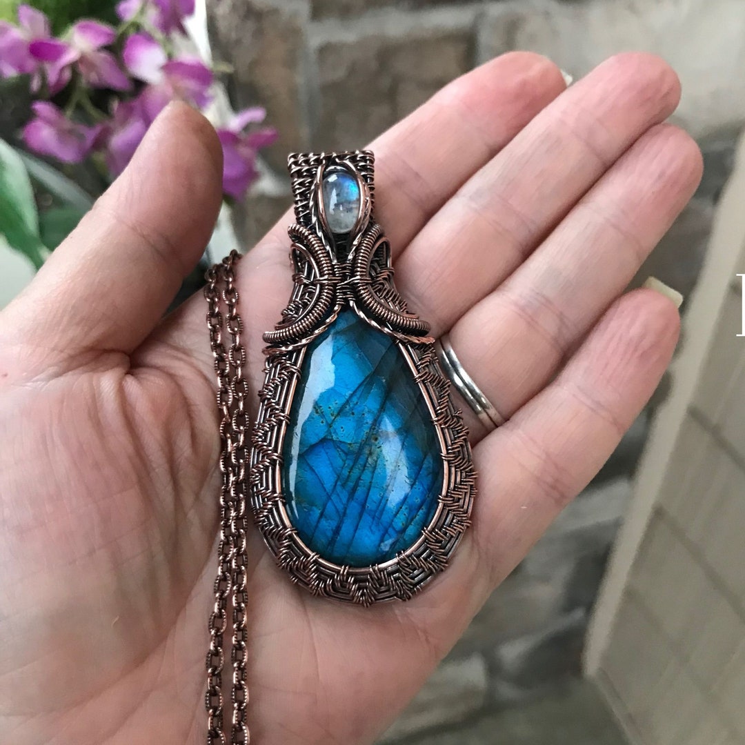 Blue Labradorite & Moonstone Copper Wire Weave Necklace, Semi Precious ...