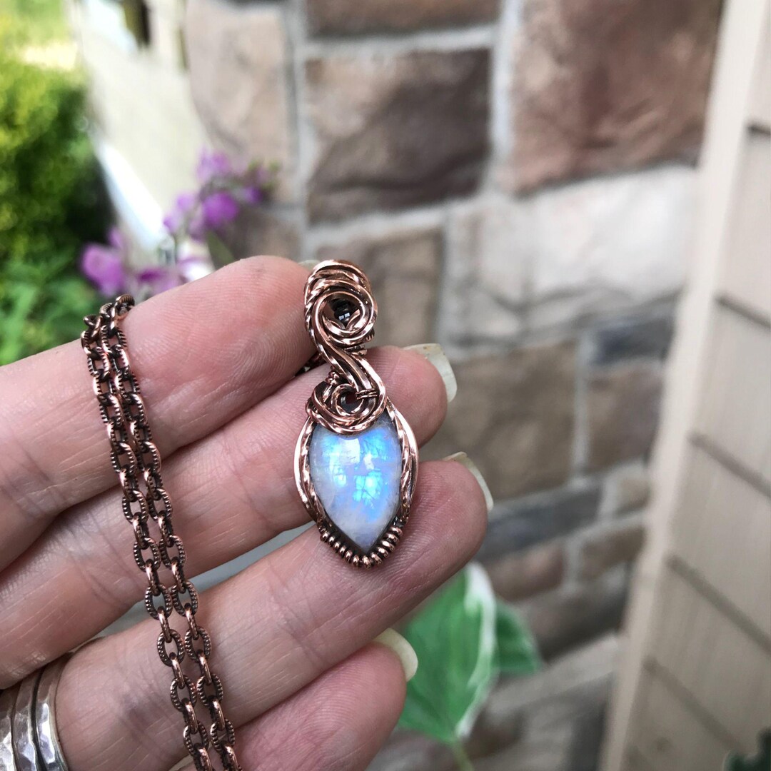 Moonstone Small Copper Wire Wrapped Necklace, June Birthstone Crystal ...