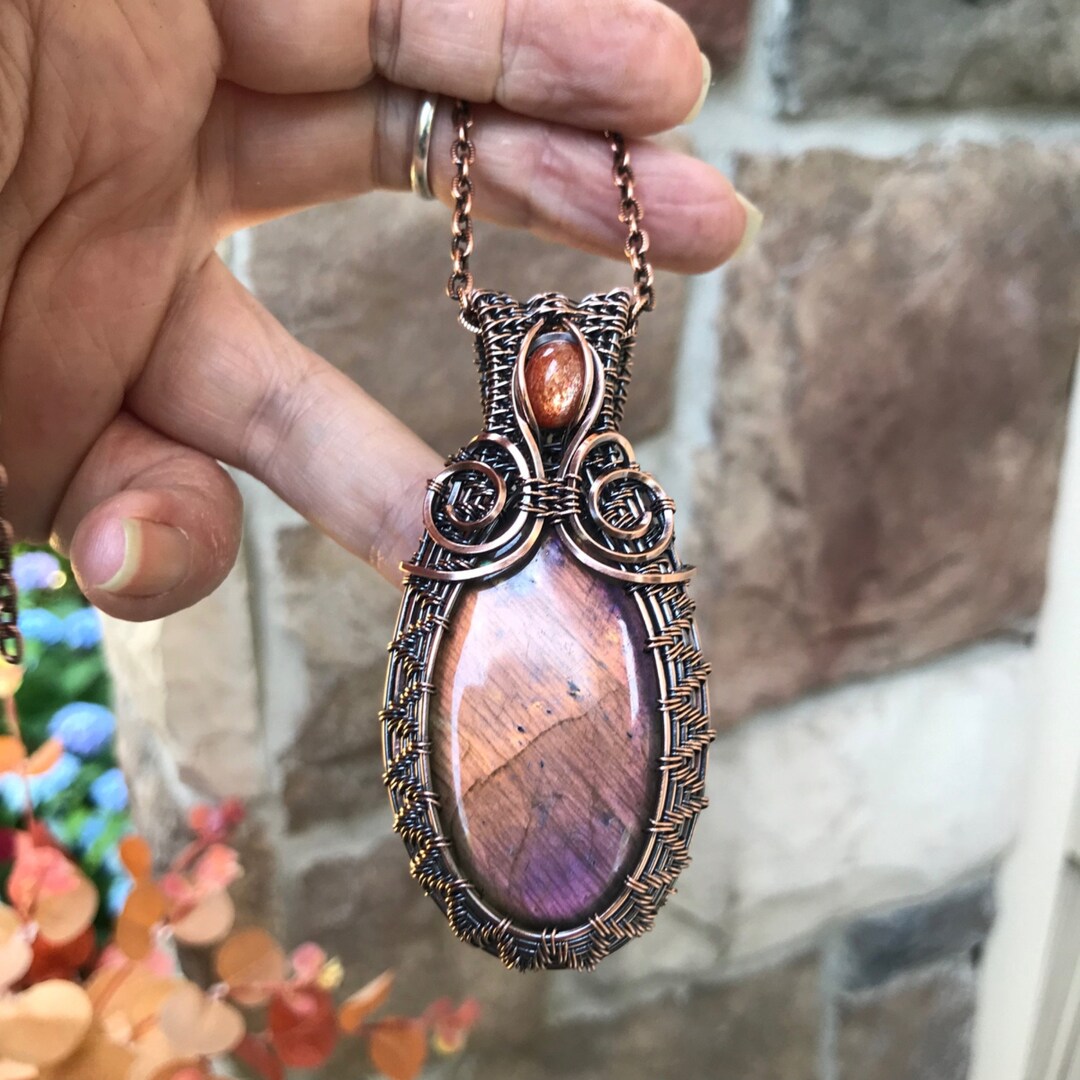 Sunset Pink Orange Labradorite & Sunstone Copper Wire Wrapped Pendant ...