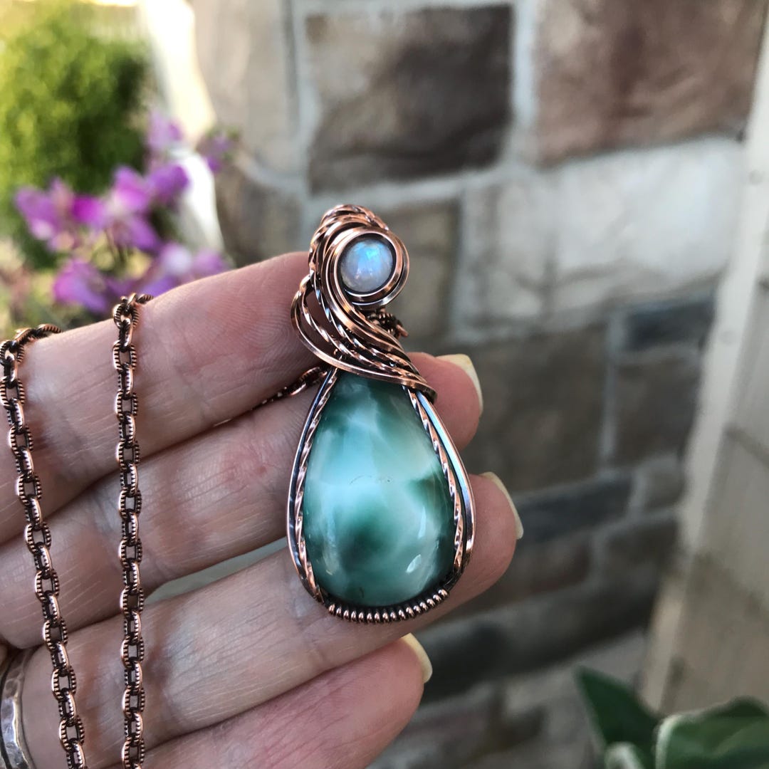 Blue Hemimorphite & Moonstone Wire Wrapped Copper Pendant, Artisan ...