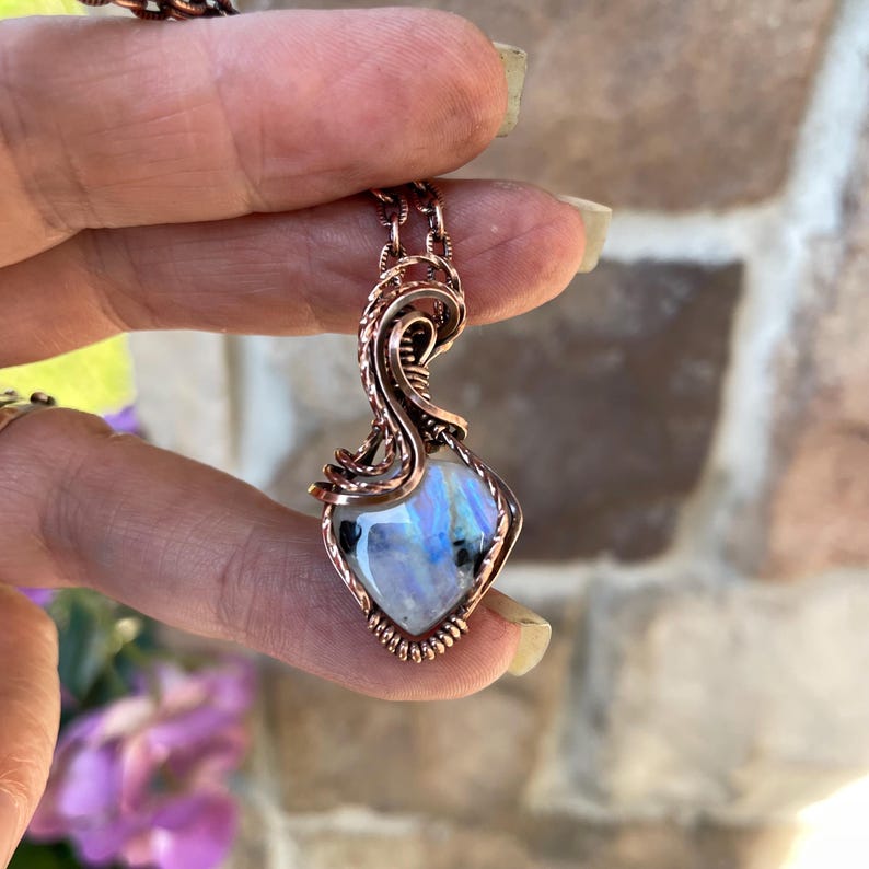 Moonstone Small Copper Wire Wrapped Necklace, June Birthstone Crystal ...
