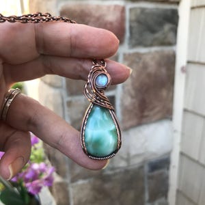 Blue Hemimorphite & Moonstone Wire Wrapped Copper Pendant, Artisan ...