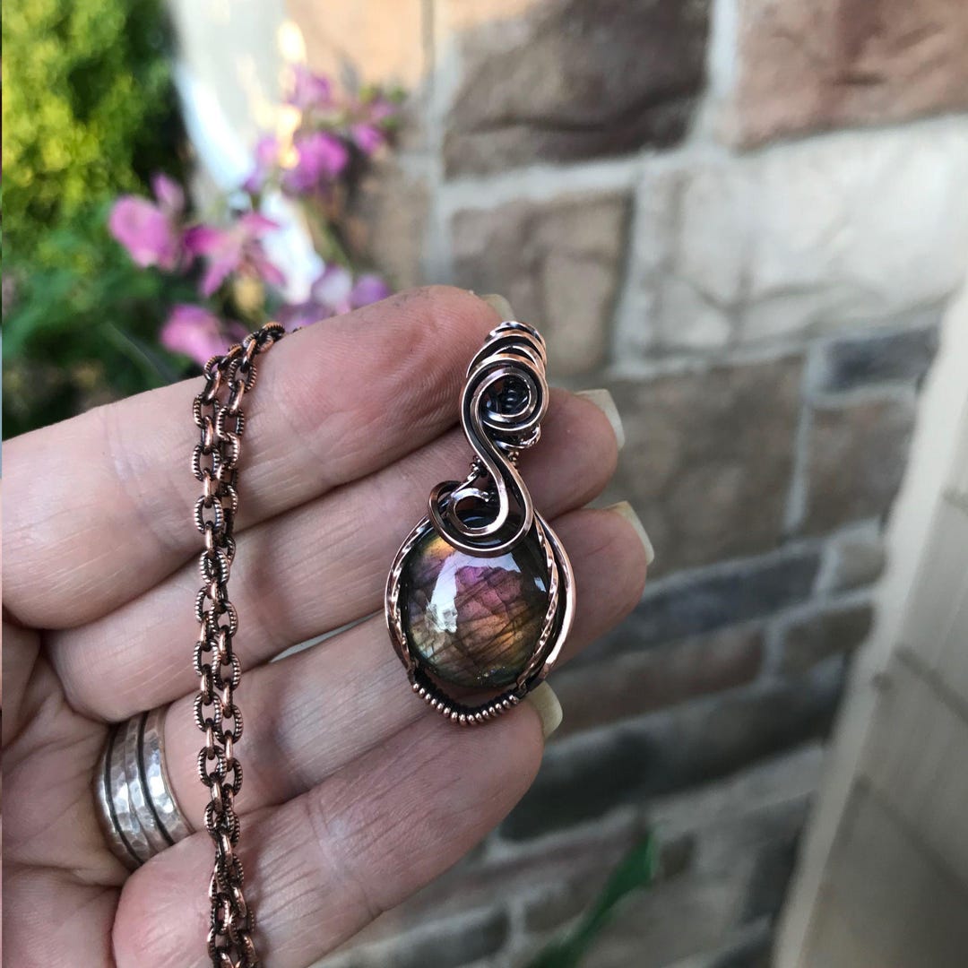 Purple & Pink Labradorite Small Copper Wire Wrap Necklace, Semi ...