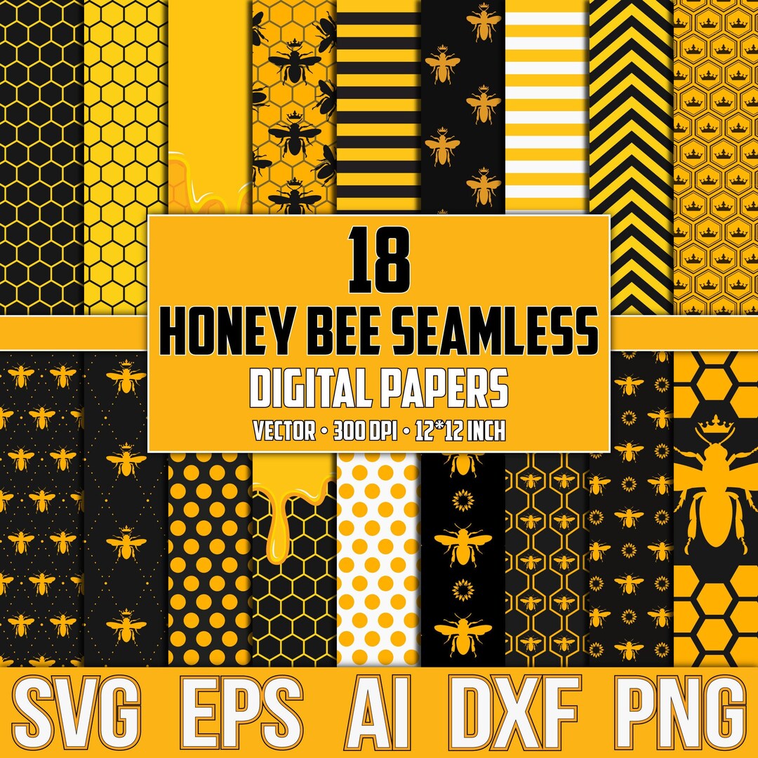 Honey Bee Digital Paper, Honey Bee Seamless Patterns, Bee Svg, Bee ...