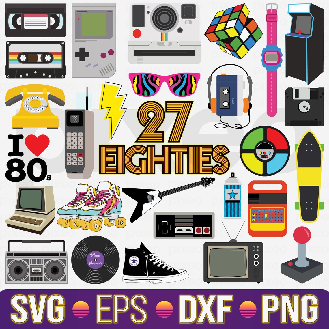 Retro 80s SVG Bundle: Neon Clipart, Vintage Vector Designs (digital ...