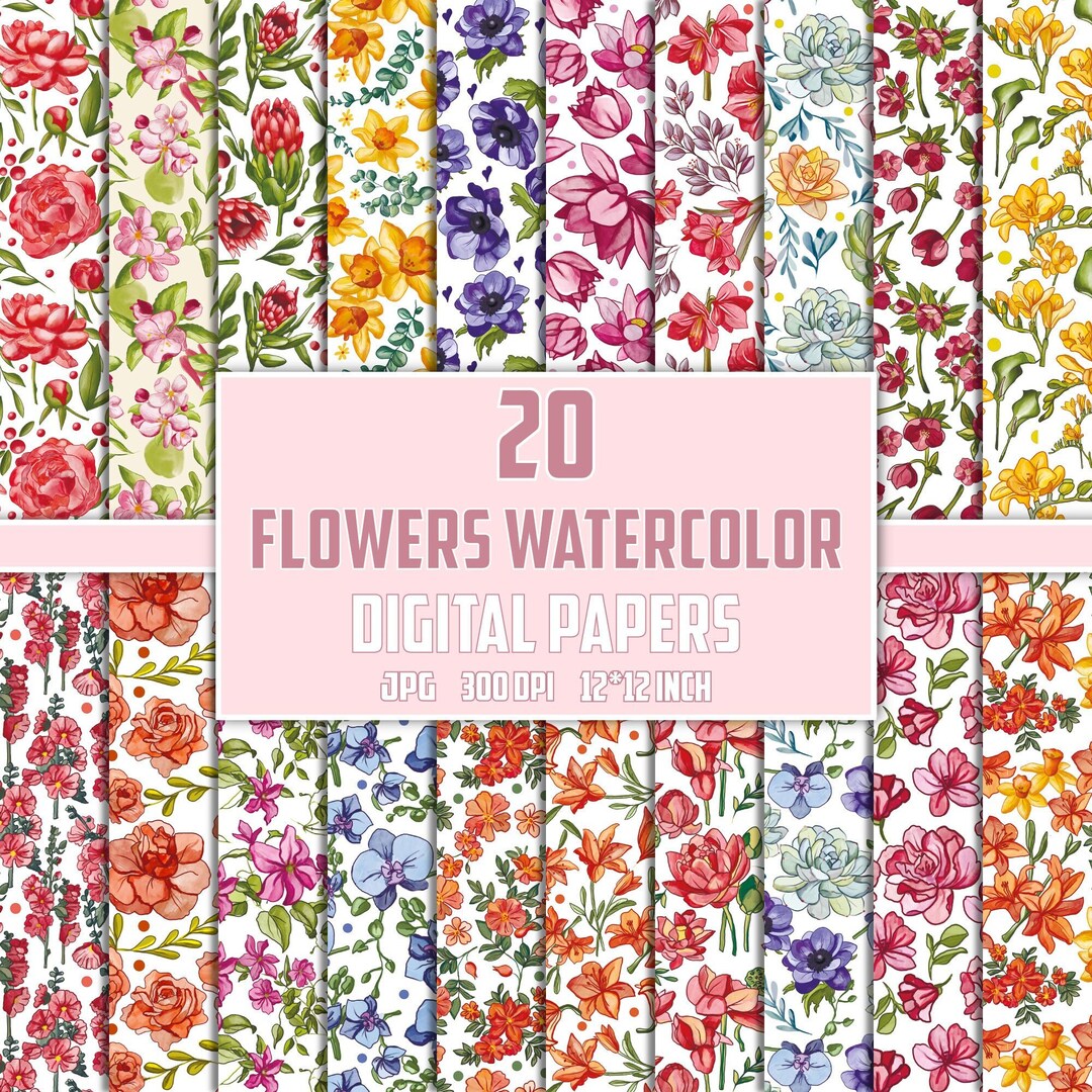 Flowers Watercolor Digital Paper, Flowers Seamless Pattern, Floral ...