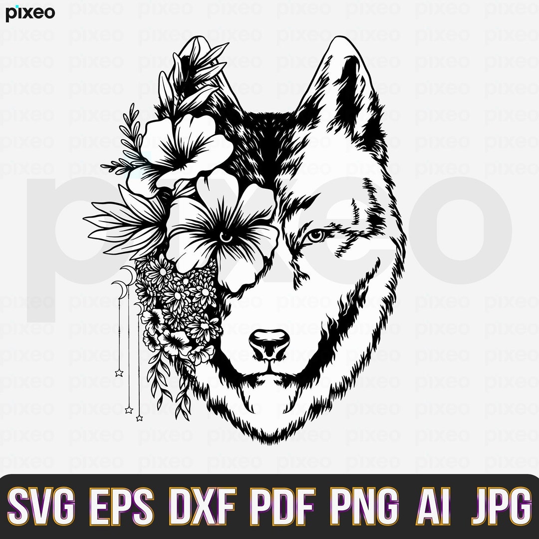 Wolf With Flowers Svg, Wolf Svg, Wolf Flower Svg, Wolf Head Svg, Wolf ...