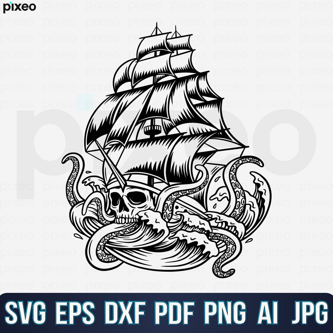 Pirate Octopus Skull Ship Svg, Pirate Ship Svg, Octopus Tentacles Svg ...