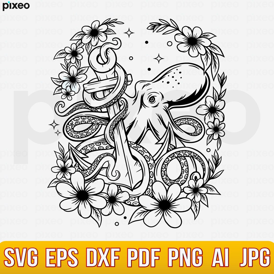 Octopus With Flowers Svg, Octopus Svg, Octopus Flower Svg, Octopus Png ...