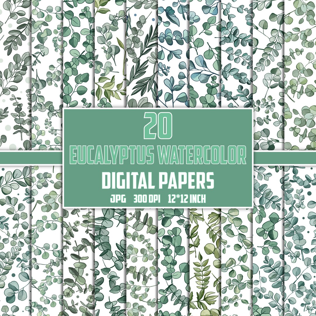 Eucalyptus Watercolor Digital Paper, Eucalyptus Seamless Pattern, Leaf ...