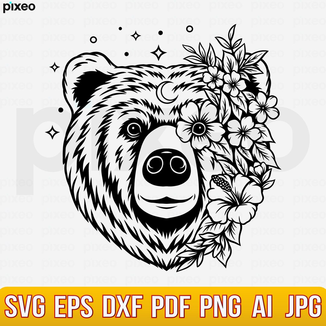 Bear With Flowers Svg, Bear Svg, Bear Flower Svg, Bear Head Svg, Bear ...
