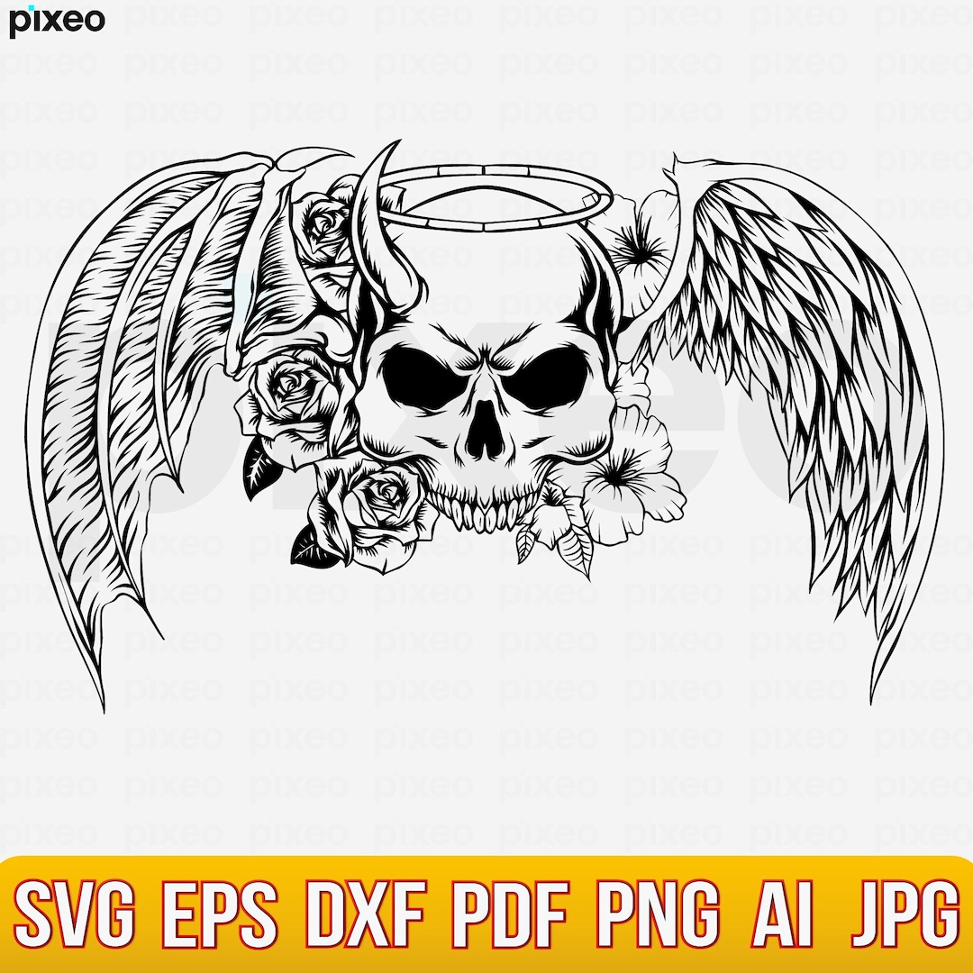 Skull With Wings SVG, Skull With Flowers SVG, Skull SVG, Angel Devil ...