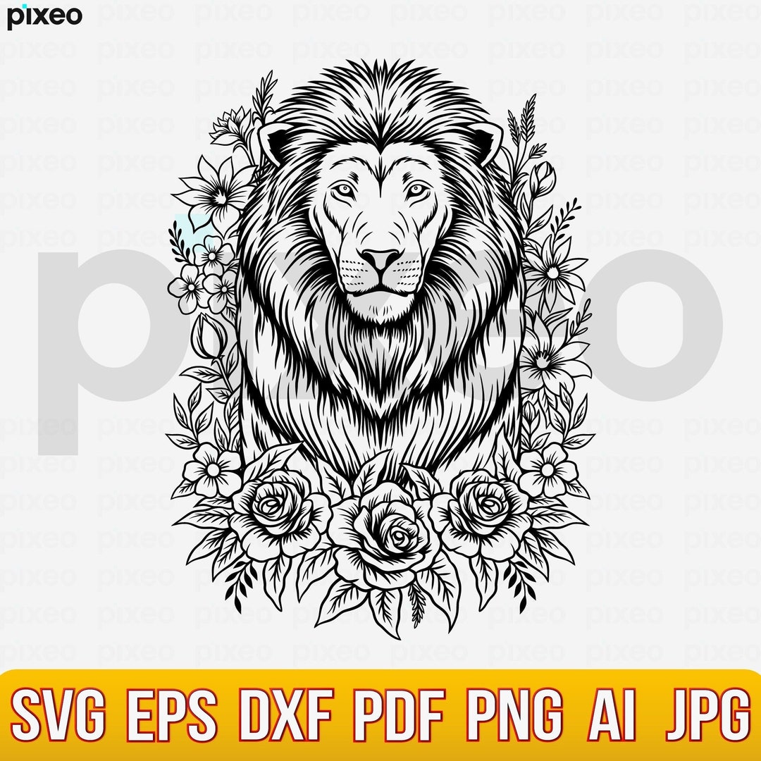 Lion With Flowers Svg, Lion Svg, Lion Flower Svg, Lion Head Svg, Lion ...
