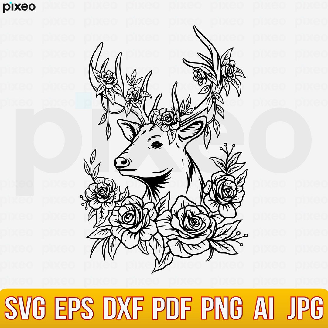 Deer With Flowers Svg, Deer Svg, Deer Flower Svg, Deer Head Svg, Deer ...