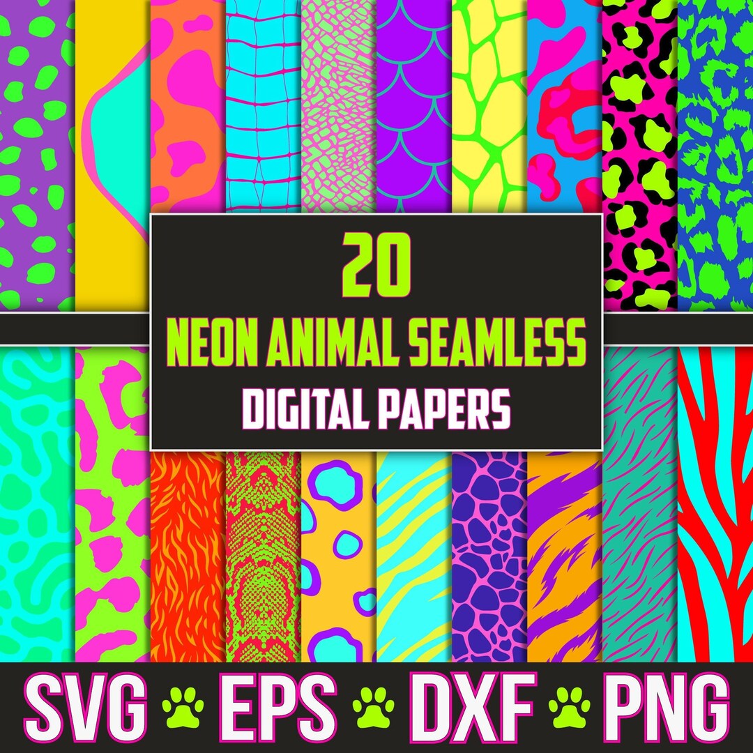 Neon Safari Digital Paper, Neon Animal Seamless Patterns SVG, Animal ...